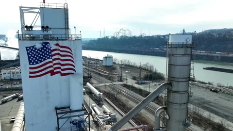Aerial shot of American flag at US Steel... | Stock Video | Pond5