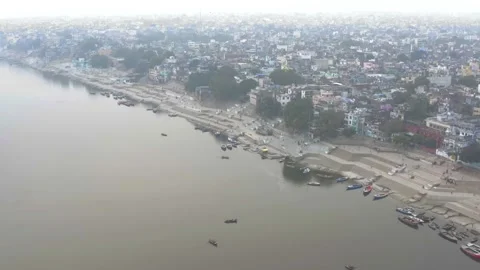 An Aerial shot of Ganga Ghat at Ganga Ri... | Stock Video | Pond5