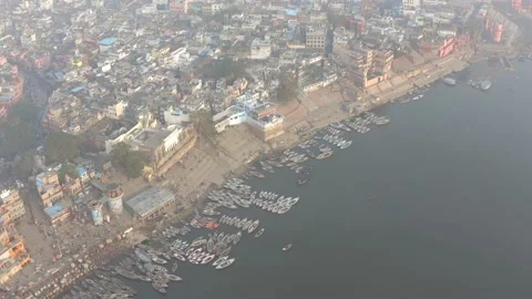 An Aerial shot of Ganga Ghat at Ganga Ri... | Stock Video | Pond5