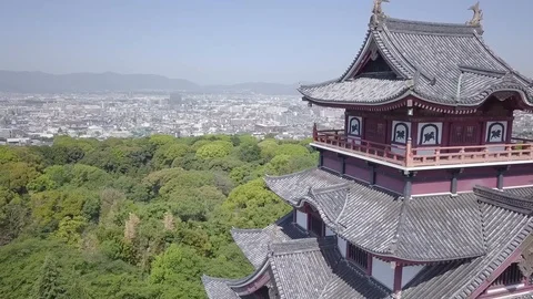 Aerial shot of a japanese castle with a ... | Stock Video | Pond5