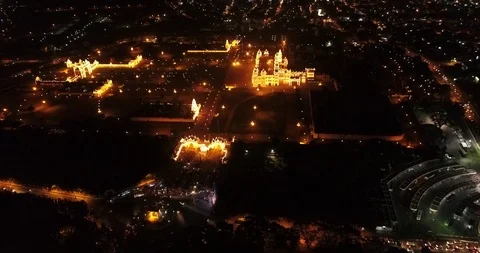 Aerial shot of Mysore palace fully illum... | Stock Video | Pond5