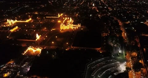 Aerial shot of Mysore palace fully illum... | Stock Video | Pond5