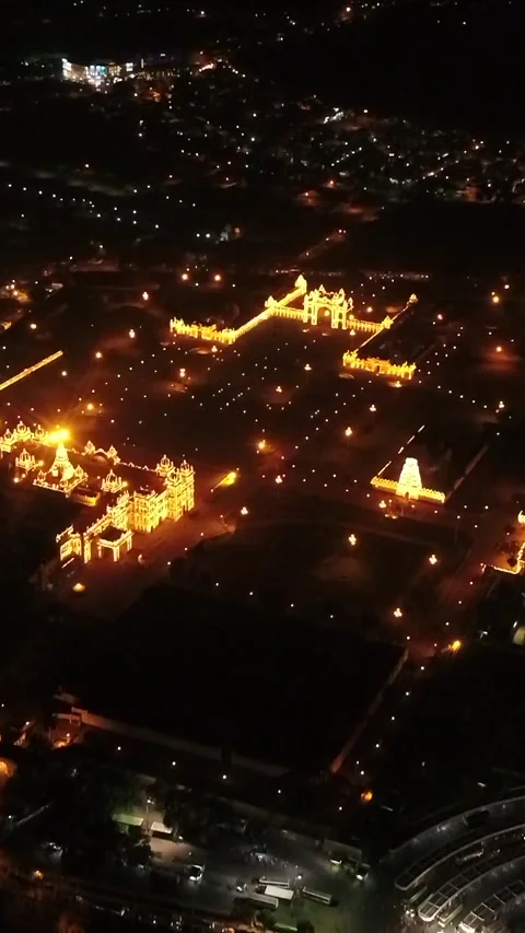 Aerial shot of Mysore palace fully illum... | Stock Video | Pond5