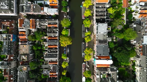 Aerial shot of narrow canal surrounded b... | Stock Video | Pond5