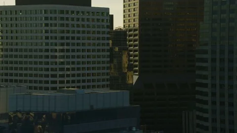 Aerial sun flare view Financial district... | Stock Video | Pond5