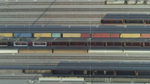 AERIAL TOP DOWN Empty cargo train moving... | Stock Video | Pond5