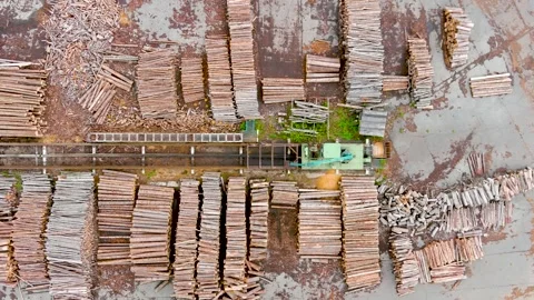 Aerial top-down view of sawmill yard ful... | Stock Video | Pond5