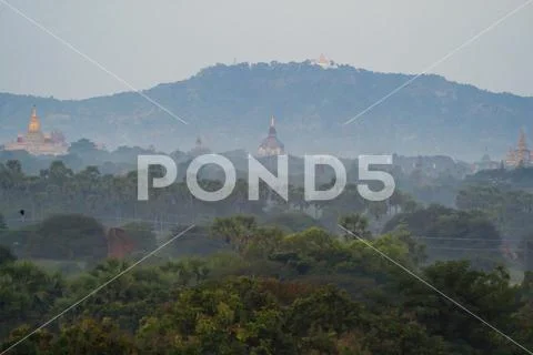 Aerial top view of burmese temples of Bagan City from a balloon, unesco ...