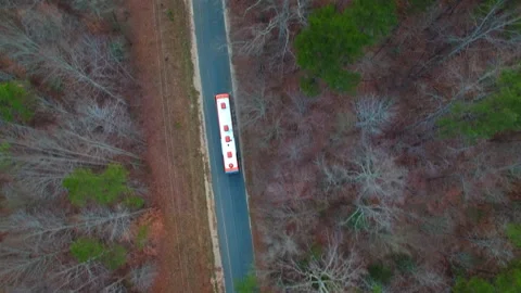 Aerial Top View Of Bus On Road Amidst Tr... | Stock Video | Pond5