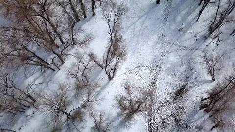 Aerial Top View Of Footprints On Snow Am... | Stock Video | Pond5