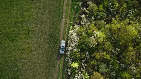 Aerial top view of grey car drives alone... | Stock Video | Pond5