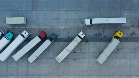 Aerial top view of a row of semi-trailer... | Stock Video | Pond5