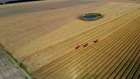 Aerial top view. three big red combine h... | Stock Video | Pond5