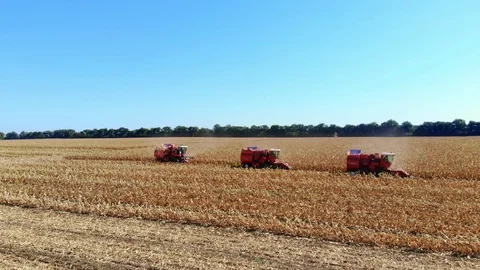 Aerial top view. three big red combine h... | Stock Video | Pond5