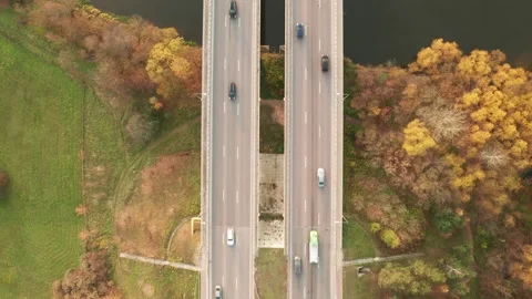 Aerial top view of a viaduct over the ri... | Stock Video | Pond5