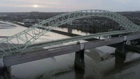 Aerial view arched green steel bridge & ... | Stock Video | Pond5