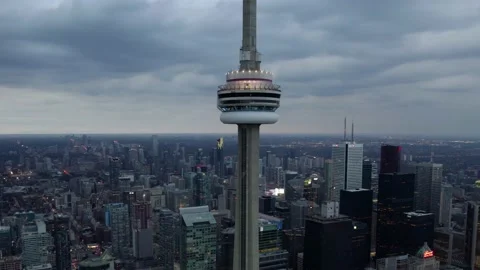 Aerial view around the CN Tower, dark mo... | Stock Video | Pond5