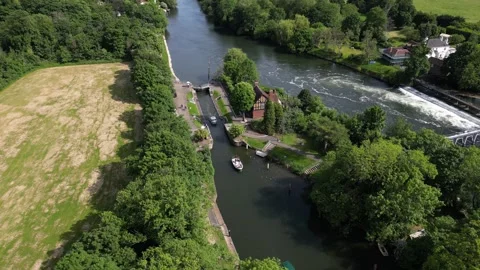Aerial view of Bray Lock on the River Th... | Stock Video | Pond5