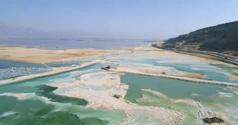 Aerial view of colourful salt pool, Dead... | Stock Video | Pond5