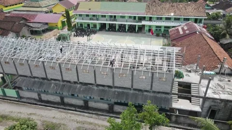 Aerial view of the construction of a sch... | Stock Video | Pond5