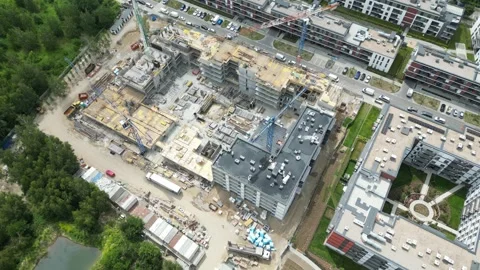 Aerial view of construction site with cr... | Stock Video | Pond5