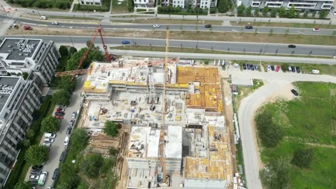 Aerial view of construction site with cr... | Stock Video | Pond5