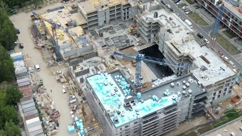 Aerial view of construction site with cr... | Stock Video | Pond5