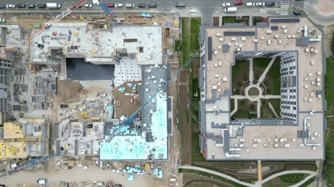 Aerial view of construction site with cr... | Stock Video | Pond5