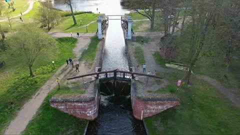 aerial view on dam lock sluice on river ... | Stock Video | Pond5