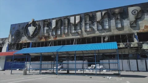 Aerial view of a destroyed shopping mall... | Stock Video | Pond5