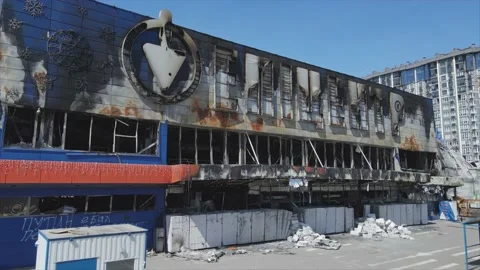 Aerial view of a destroyed shopping mall... | Stock Video | Pond5