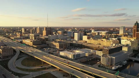 Aerial view of Downtown Milwaukee at sun... | Stock Video | Pond5