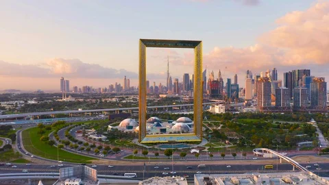 Aerial view of Dubai Frame, Downtown sky... | Stock Video | Pond5