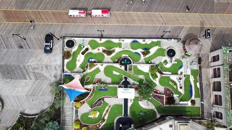 Aerial view of an empty mini golf course | Stock Video | Pond5