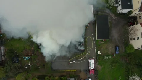 Aerial view of fire trucks at the scene ... | Stock Video | Pond5