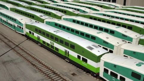Aerial view of GO trains at Willowbrook ... | Stock Video | Pond5