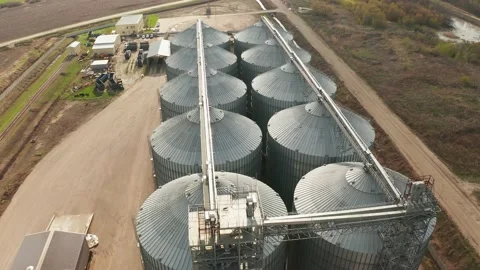 Aerial view of grain storage elevators. ... | Stock Video | Pond5