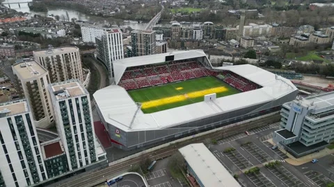 Aerial view of Gtech Community Stadium, ... | Stock Video | Pond5
