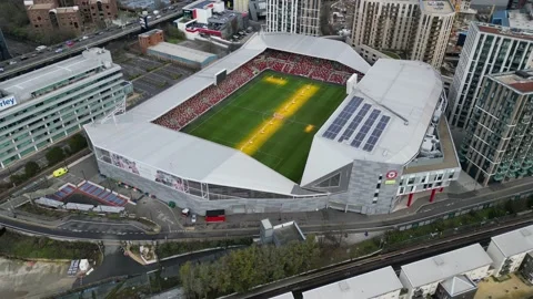 Aerial view of Gtech Community Stadium, ... | Stock Video | Pond5