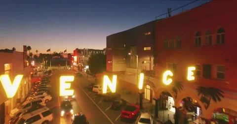 Aerial view iconic Venice sign revealing... | Stock Video | Pond5