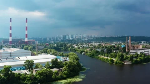 Aerial view of industrial objects during... | Stock Video | Pond5