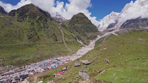 An aerial view of the Kedarnath Temple a... | Stock Video | Pond5