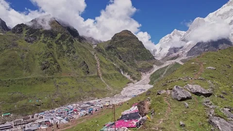 An aerial view of the Kedarnath Temple a... | Stock Video | Pond5