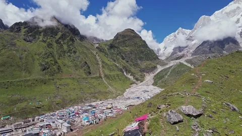 An aerial view of the Kedarnath Temple a... | Stock Video | Pond5