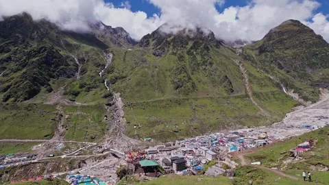 An aerial view of the Kedarnath Temple a... | Stock Video | Pond5