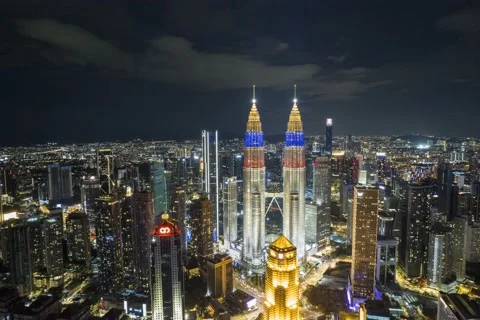 An aerial view of KLCC with colorful lig... | Stock Video | Pond5