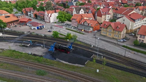 Aerial view of Loading steam locomotive ... | Stock Video | Pond5
