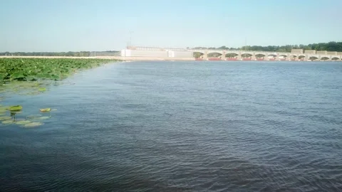 Aerial view of Lock and Dam 14 on the Mi... | Stock Video | Pond5