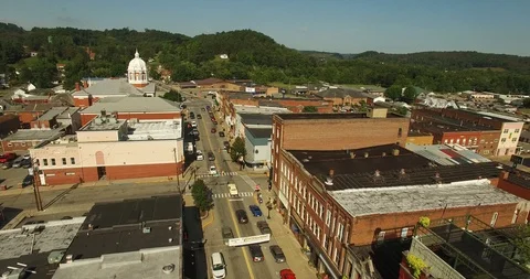 Aerial view of main street towards the c... | Stock Video | Pond5