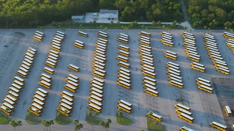 Aerial view of many school buses parked ... | Stock Video | Pond5